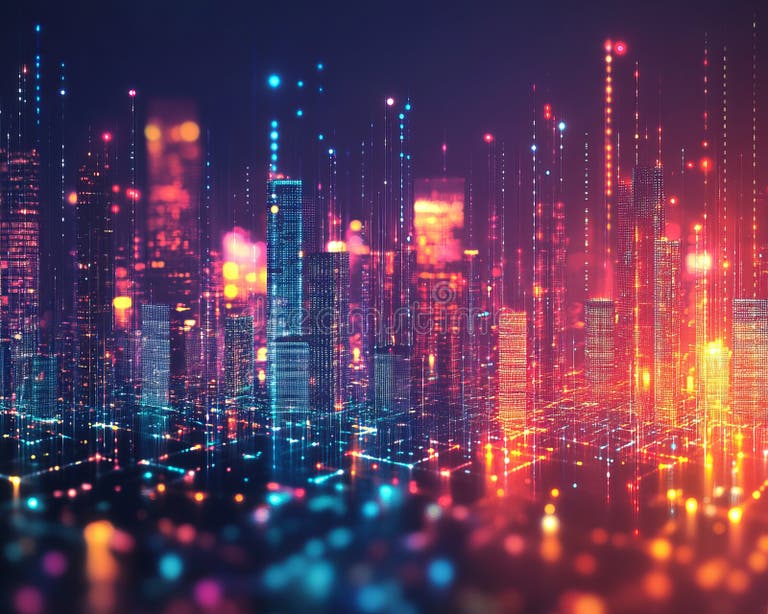 Vibrant Smart City Visualization with Colorful Lights and Lines Stock ...