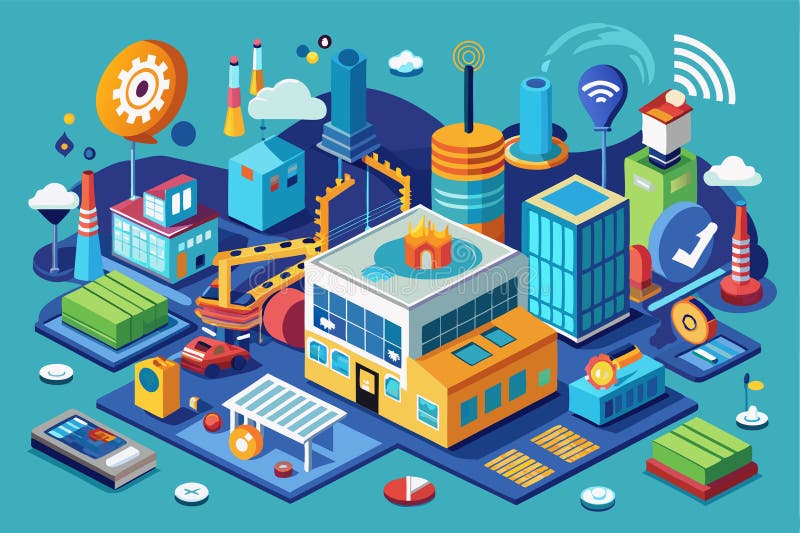 A Vibrant Smart Factory Layout Illustrates Advanced Technologies and ...