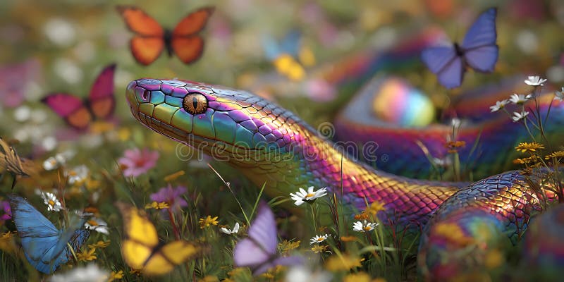 Vibrant Snake and Butterflies a Surreal Nature Scene Stock Illustration ...