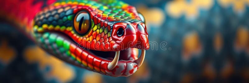 Colorful Snake with Striking Patterns Showing Fangs in a Tropical ...