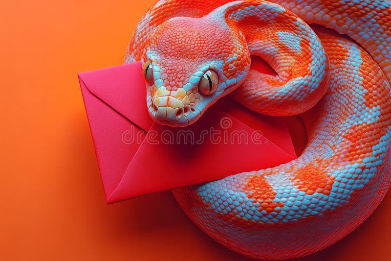 A Vibrant Snake Poses with a Red Envelope on a Bright Orange Background ...
