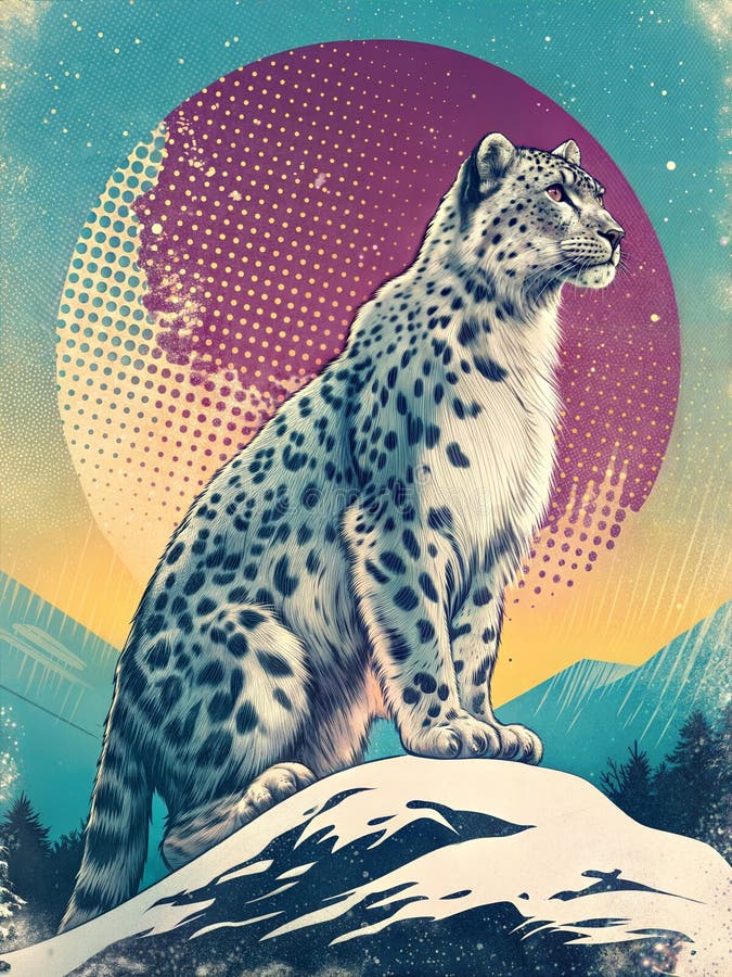 Vibrant Snow Leopard Illustration with a Retro Glitch Appeal in Bold ...