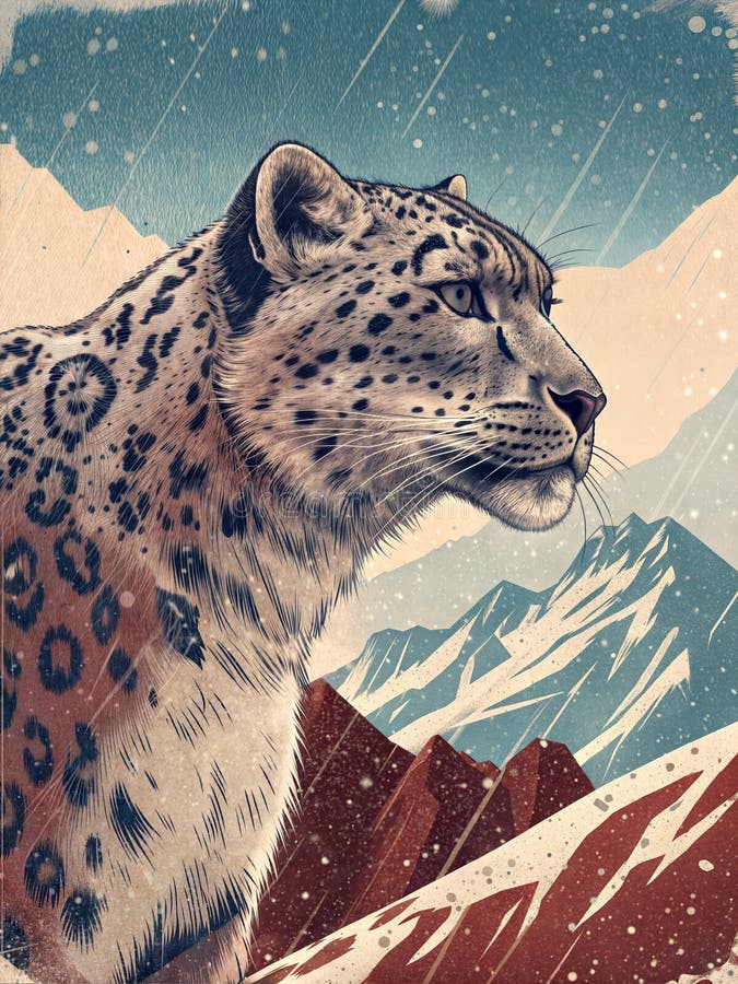 Vibrant Snow Leopard Illustration with a Retro Glitch Appeal in Bold ...