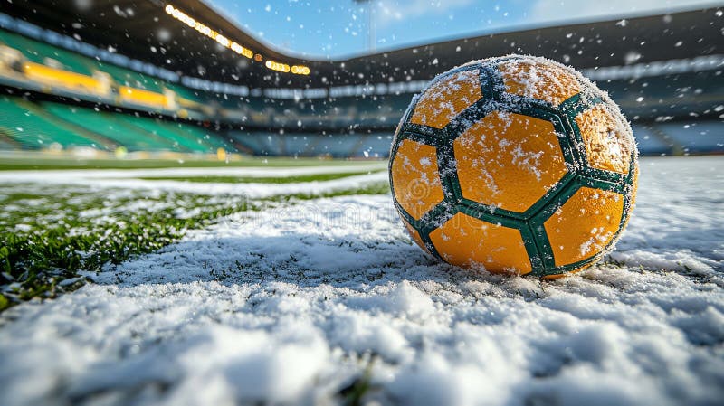 A Vibrant Soccer Ball Rests in Fresh Snow on an Empty Stadium Field ...