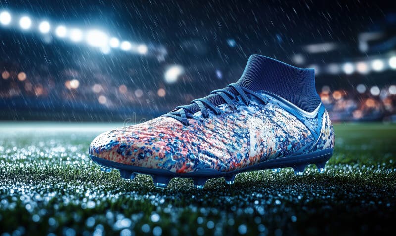 Vibrant Soccer Cleat on Wet Field Under Stadium Lights Showcasing ...