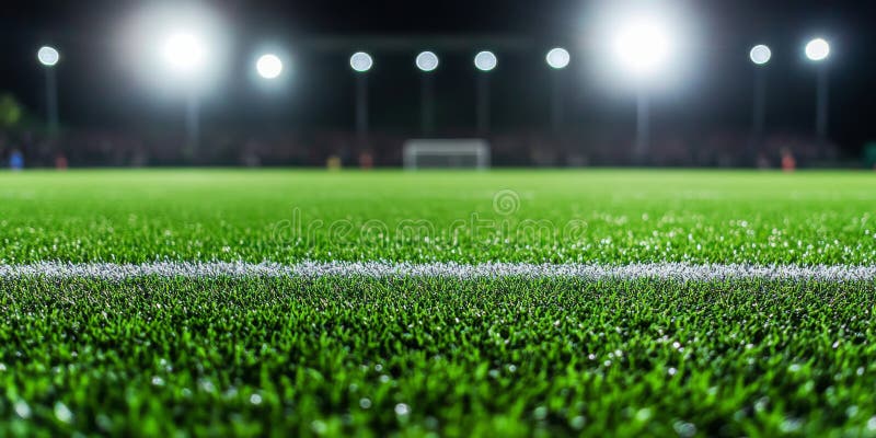 A Vibrant Soccer Field Under Bright Stadium Lights, with a Blurred ...