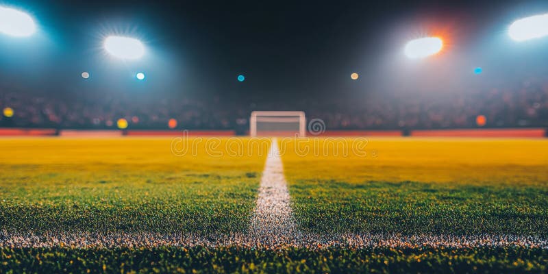 A Vibrant Soccer Field Under Bright Stadium Lights, with a Blurred ...