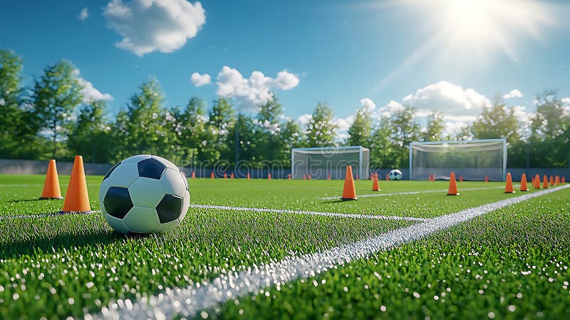 Vibrant Soccer Training Field with Cones and Ball Under Sunny Sky Stock ...