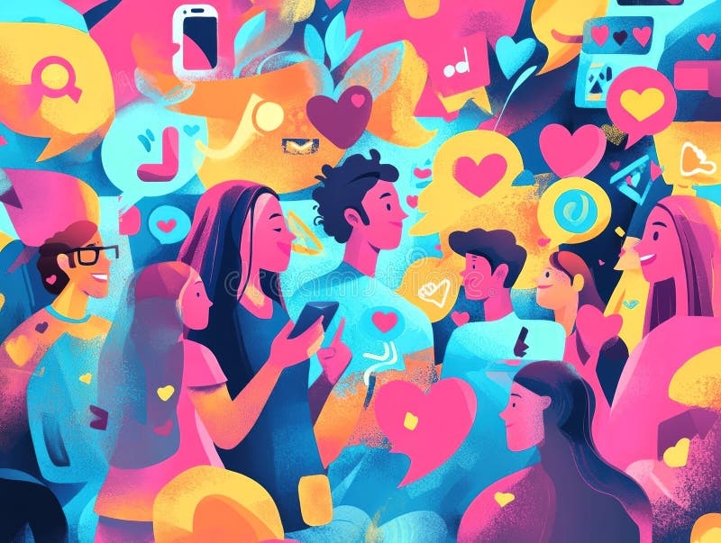 Vibrant Social Interaction Scene with Hearts Stock Illustration ...
