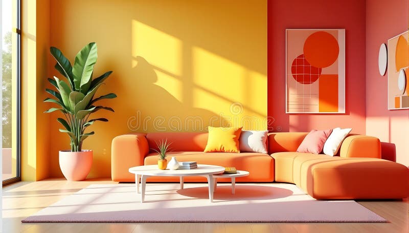 Vibrant Sofa in Room with Abstract Geometric Shapes. Postmodern Memphis ...