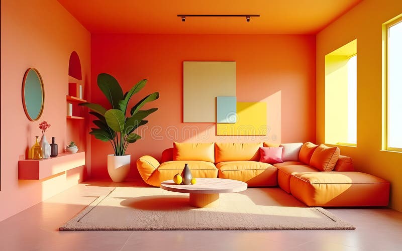 Vibrant Sofa in Room with Abstract Geometric Shapes. Postmodern Memphis ...