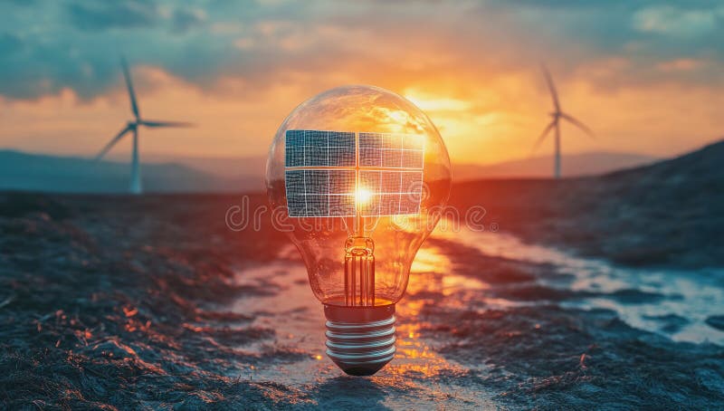 Innovative Solar Energy Lightbulb Shining during Sunset Near Wind ...