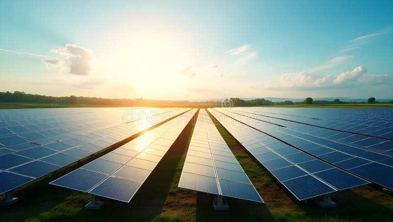 A Vibrant Solar Farm with Rows of Solar Panels Reflecting the Sunlight ...