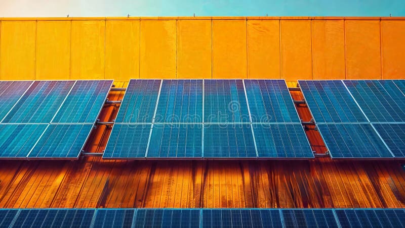 Vibrant Solar Panel Array, Yellow Wall, Clear Sky, Modern Renewable ...