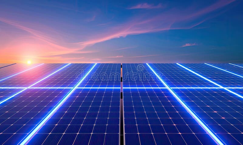 A Vibrant Solar Panel Field at Sunset, Showcasing Renewable Energy with ...