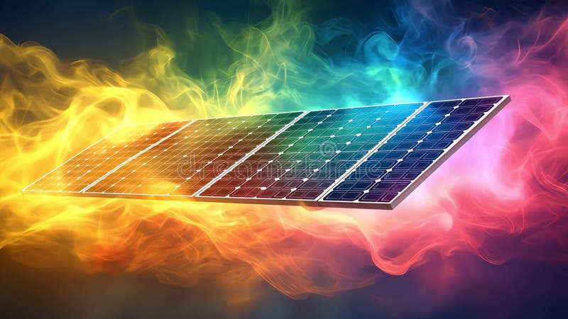 Vibrant Solar Panel Surrounded by Colorful Flames, Showcasing Renewable ...