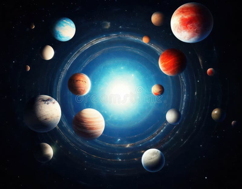 Vibrant Solar System with Diverse Planets Orbiting a Radiant Star Stock ...