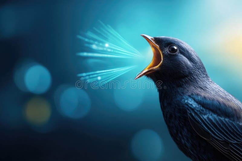 Vibrant Songbird Chirping in Glowing Blue Light with Spread Wings Stock ...