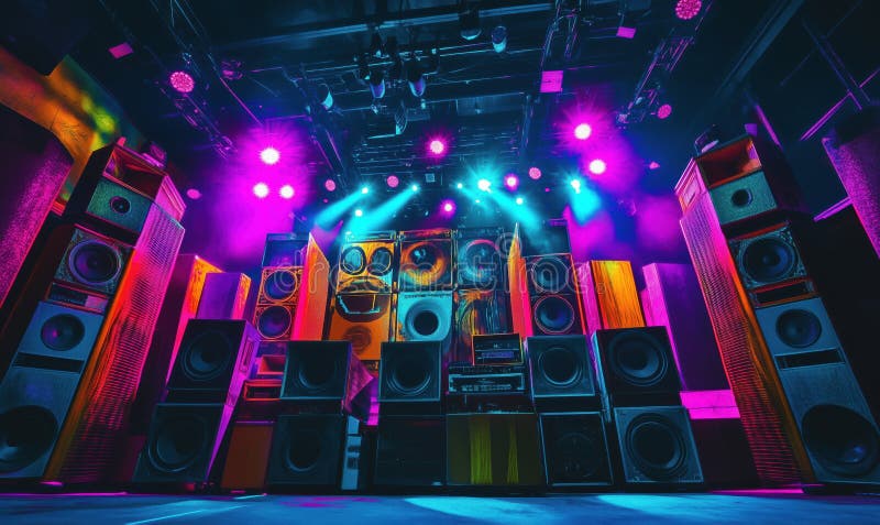 Vibrant Sound System Setup with Colorful Lighting, Large Speakers ...