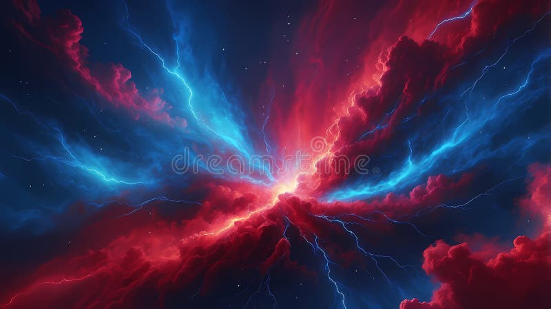 Vibrant Space Nebula with Blue Lightning and Red Clouds Stock ...