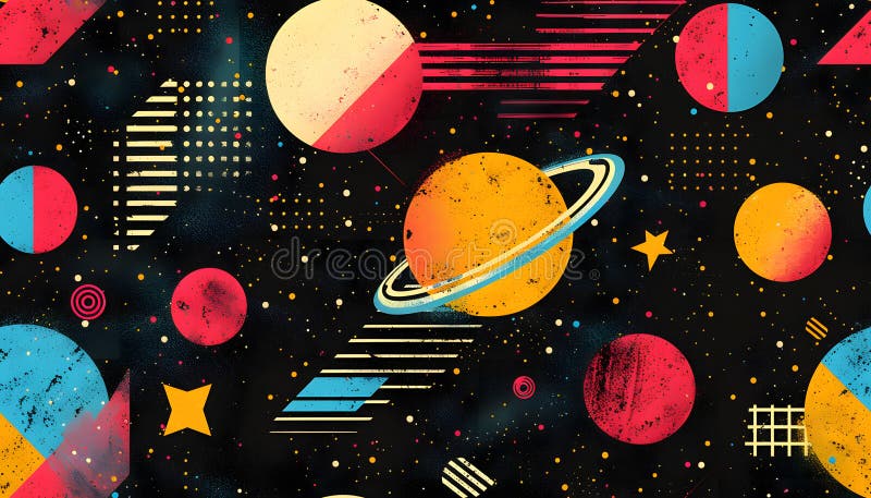 Colorful Cosmic Pattern with Planets, Stars and Geometric Shapes Stock ...