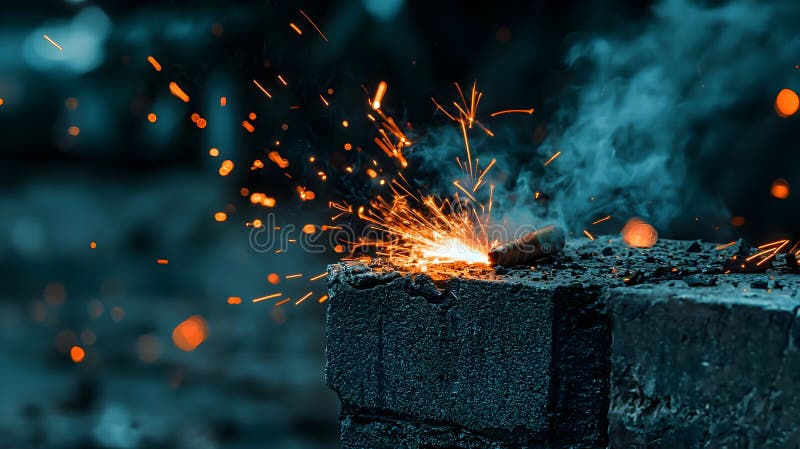 Spark and Fire Fly from Stone Surface in Dark Industrial Setting Stock ...
