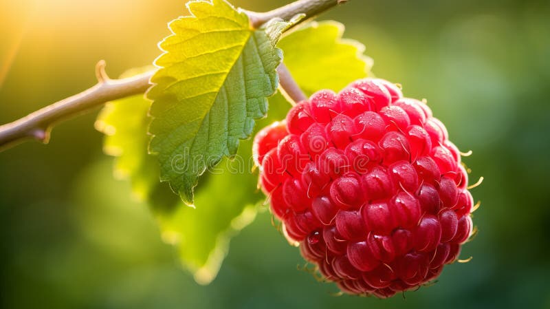 Vibrant Spectrum Colors: Red Raspberries on Branch with Sunlight Stock ...