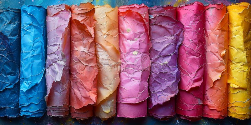 Vibrant Spectrum of Crumpled Vintage Paper Strips in Gradient Hues ...
