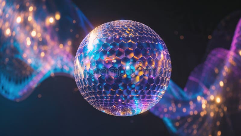 A Vibrant Sphere with a Hexagonal Pattern Hovers in a Dynamic Abstract ...