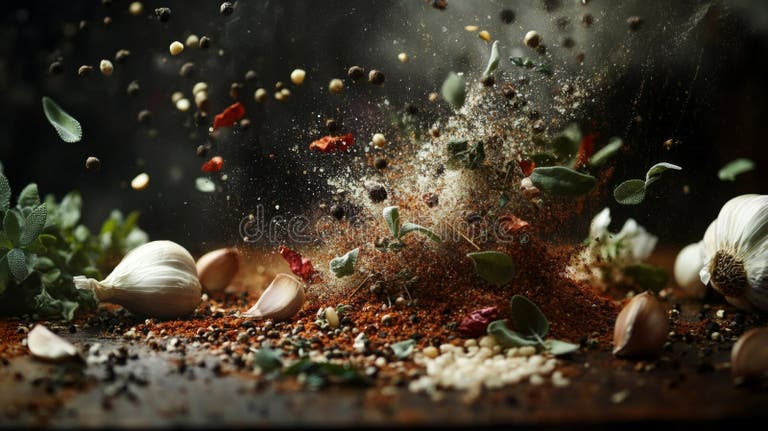 Vibrant Spice and Herb Explosion on Dark Background Stock Illustration ...