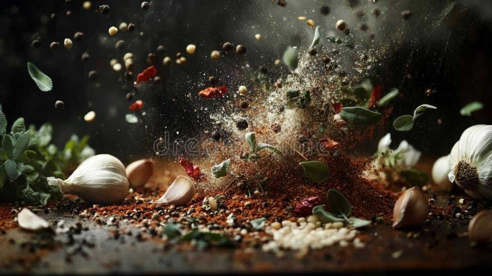 Vibrant Spice and Herb Explosion on Dark Background Stock Illustration ...