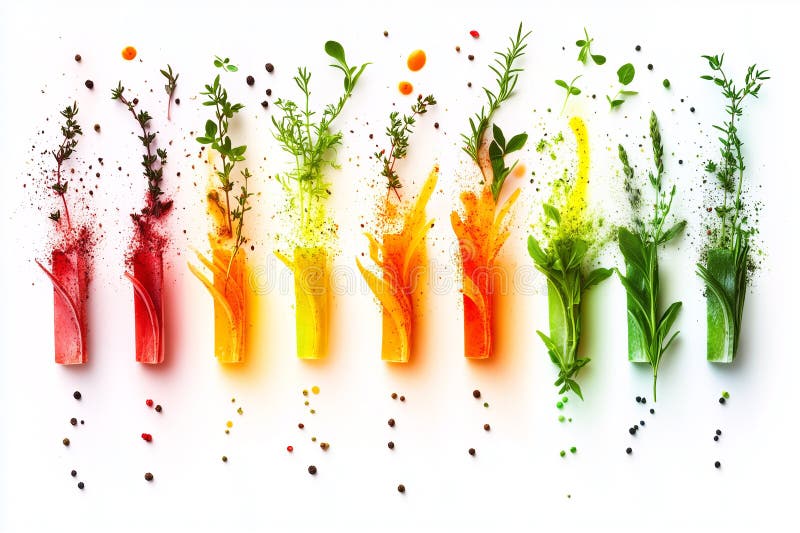 Vibrant Spices and Herbs with Colorful Background on White Surface for ...