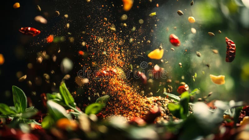 Vibrant Spices and Herbs Exploding Against Dark Background Stock ...