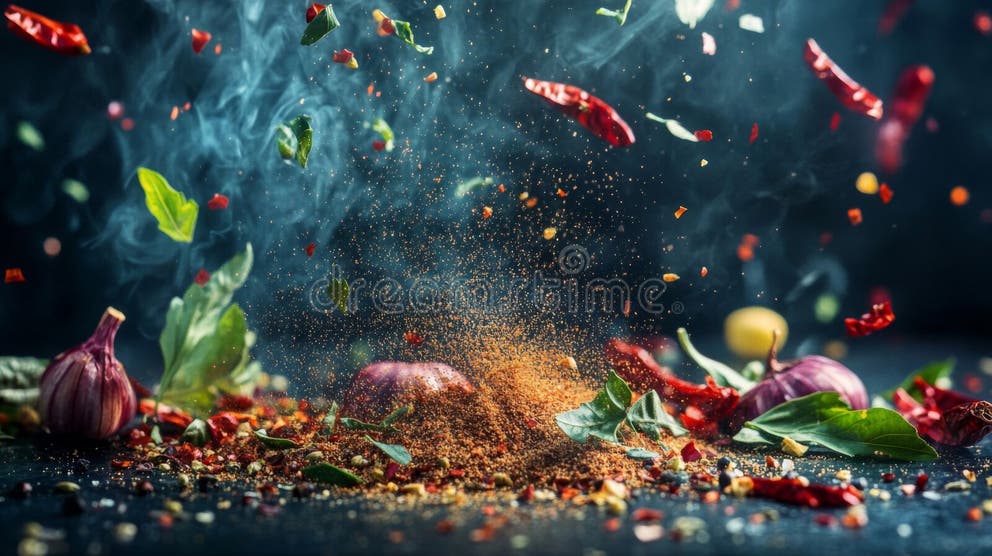 Vibrant Spices and Herbs Explosion Stock Illustration - Illustration of ...