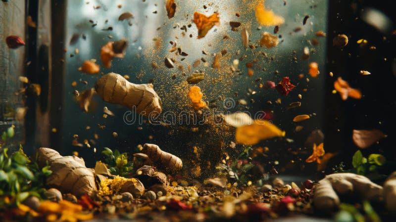 Vibrant Spices and Herbs Falling Against Dark Background Stock ...