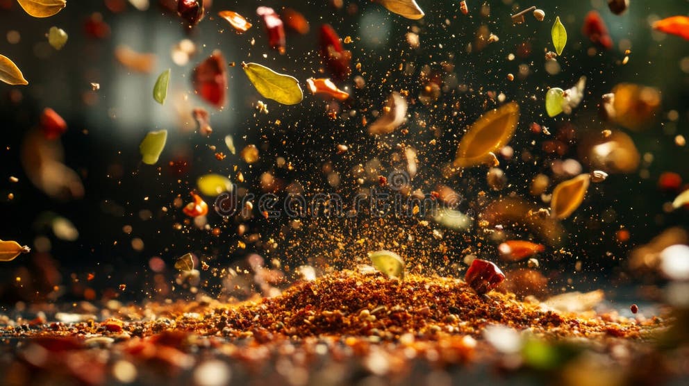 Vibrant Spices and Herbs Falling on Dark Background Stock Illustration ...