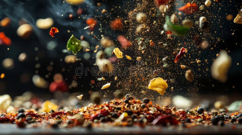 Vibrant Spices and Herbs Falling on Dark Background Stock Illustration ...