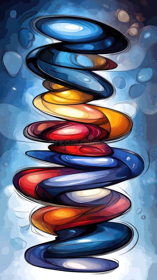 A Vibrant, Spiraling Stack of Colorful Shapes Against a Blue Background ...