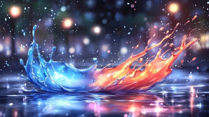 Fiery and Icy Water Splash: a Nighttime Fantasy Stock Illustration ...