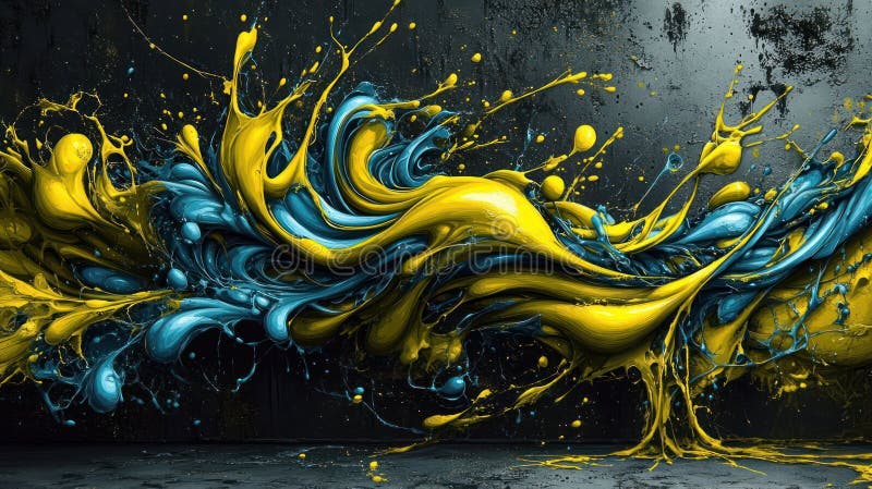 Dynamic Blue and Yellow Paint Explosion on Dark Background Stock ...