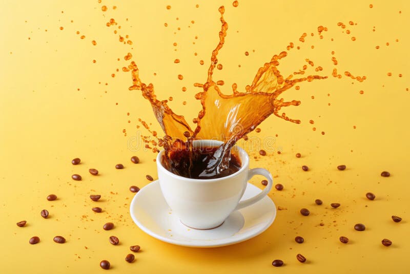 A Vibrant Splash of Coffee Spilling from a White Cup on a Bright ...