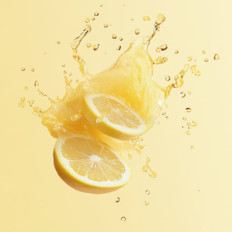 A Vibrant Splash of Lemon Juice with Scattered Lemon Slices Against a ... A Vibrant Splash of Lemon Juice with Scattered Lemon Slices Against a ...