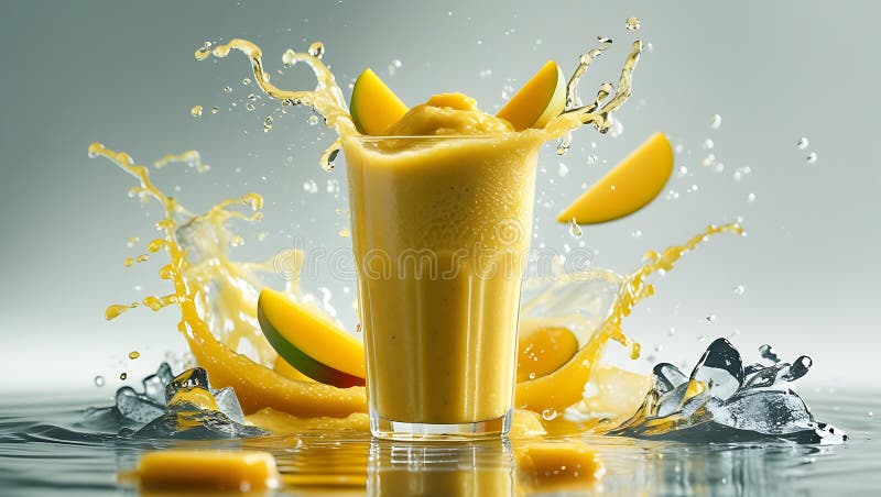 Vibrant Splash of Mango Smoothie with Ice and Fruit Slices Stock ...