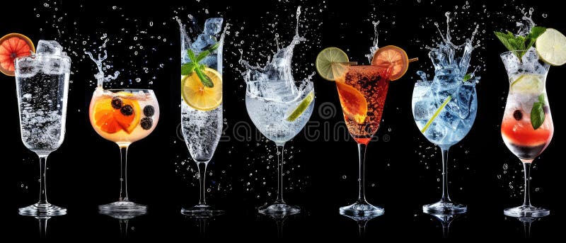 Collection of Splashing Cocktails Isolated on a Sleek Black Background ...