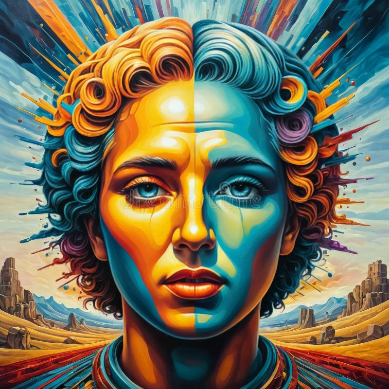 Vibrant Split-face Portrait with Artistic Explosion of Colors Stock ...