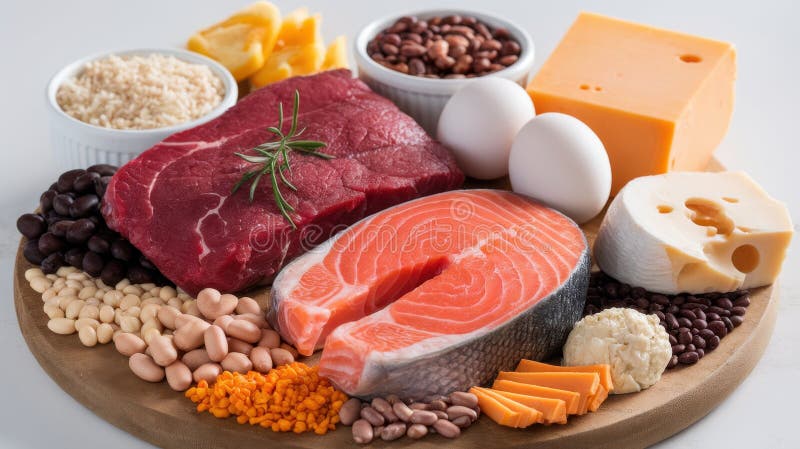 A Vibrant Spread of Proteins and Grains Featuring Red Meat, Fish, Eggs ...