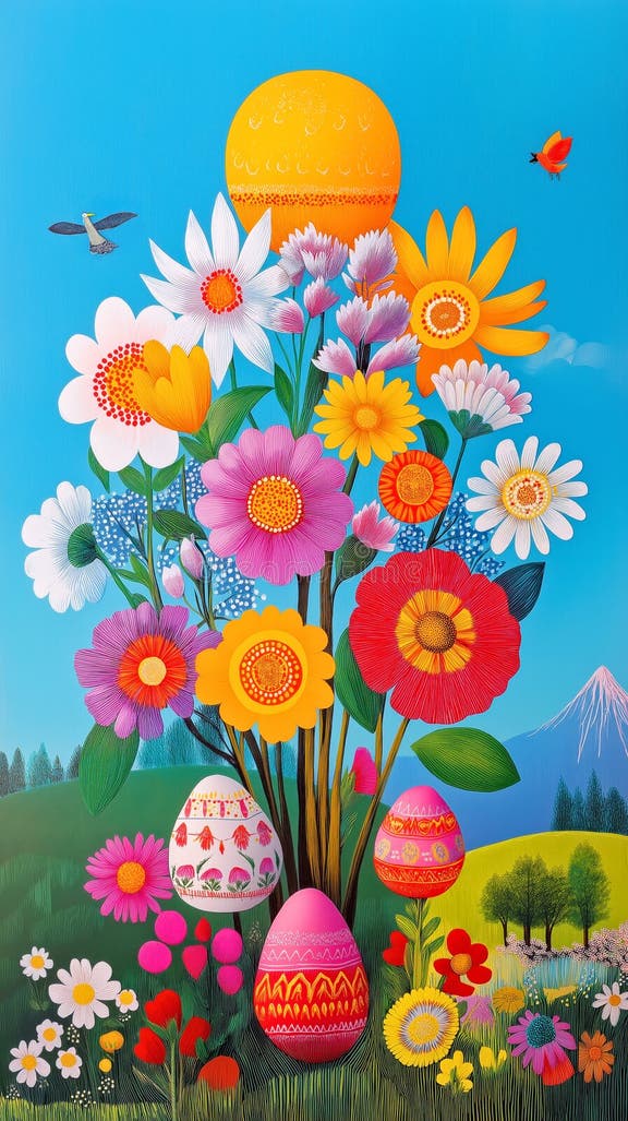 Vibrant Spring Bouquet with Easter Eggs in a Lush Landscape. Easter ...