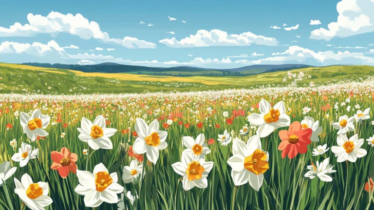 Vibrant Spring Daffodil Field Under Sunny Sky Stock Illustration ...