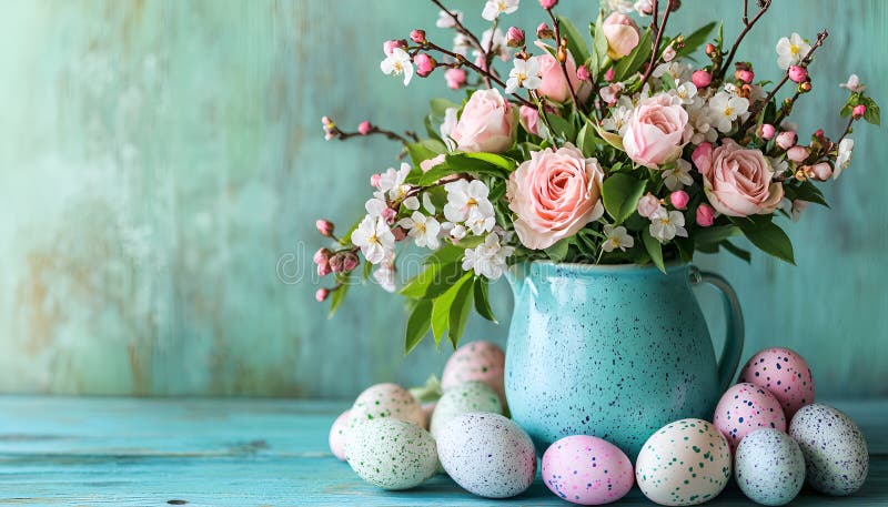 Vibrant Spring Floral Arrangement with Pastel Easter Eggs on Rustic Turquoise Table Stock Image ...