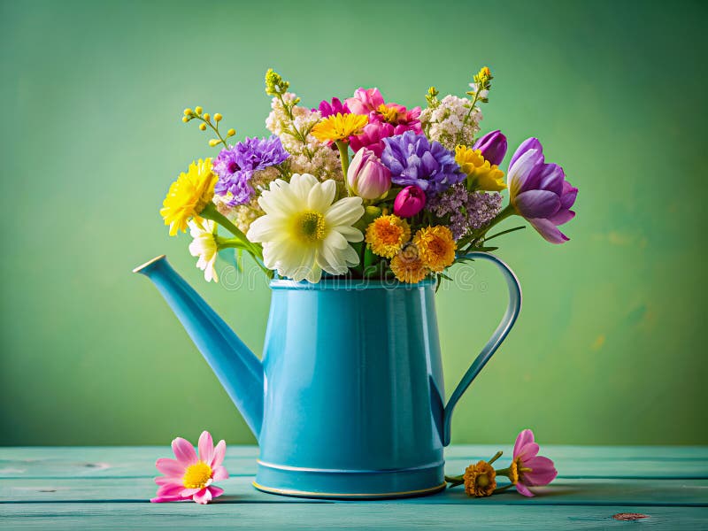 Vibrant Spring Flower Arrangement in Rustic Blue Watering Can. Fresh ...